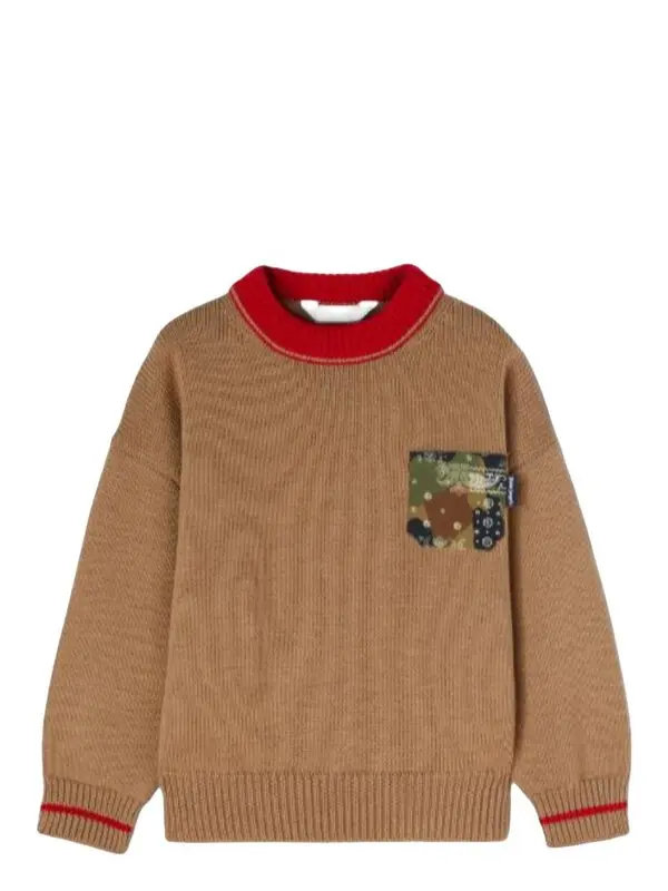 Palm Angels Camouflage-print Virgin Wool Jumper With Band Collar And Sporty Stripes - Brown
