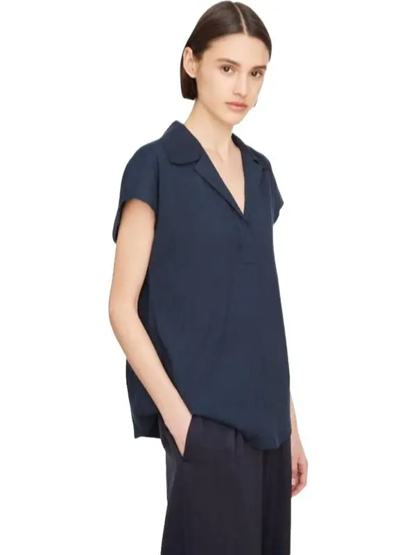 Vince Cap-sleeve Polo Shirt With Lapel And Curved Hem - Black