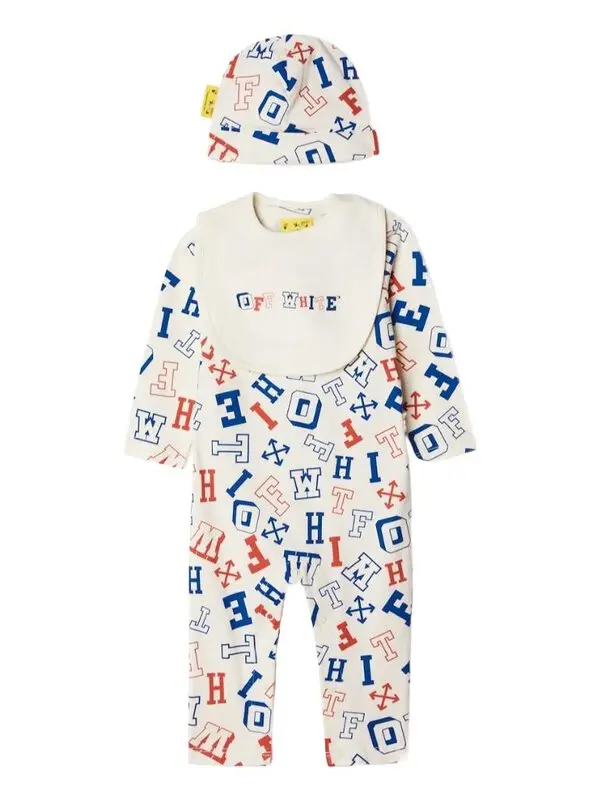 Off-White Graphic Print Romper Set With Hat And Bib - White