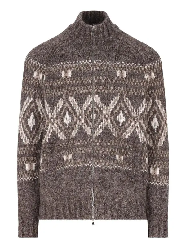 Brunello Cucinelli Fair Isle Pattern High Neck Zip-up Cardigan - Black