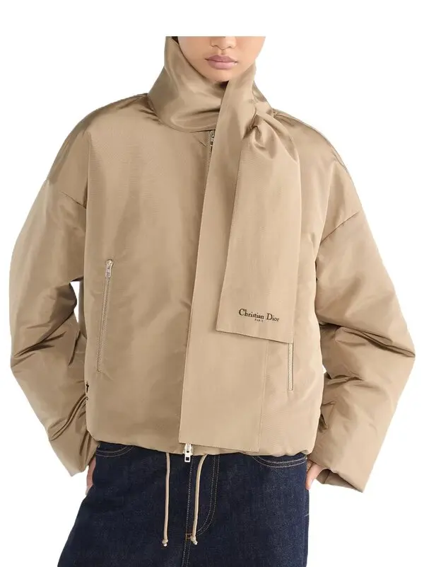 Dior Embroidered Bee And Cd Signature Zip-up Jacket With Scarf Collar - Nude