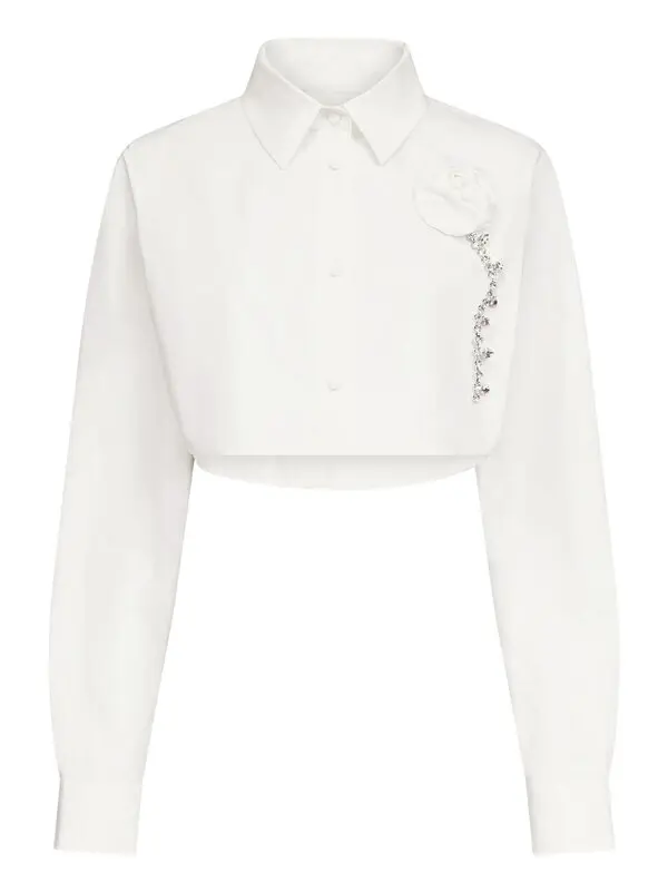 AREA Embellished Rosette Cropped Poplin Shirt - White