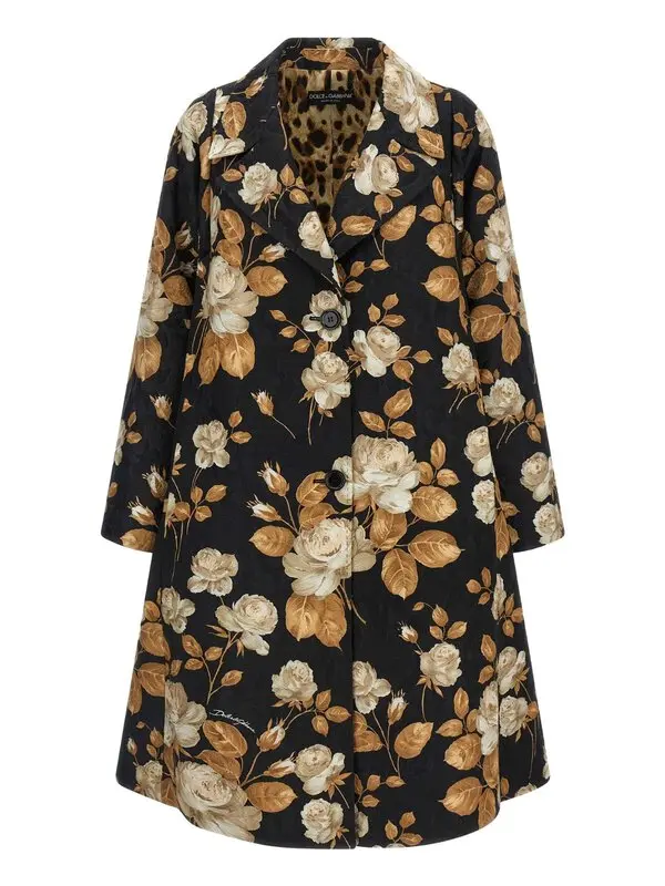 Dolce & Gabbana Rose Printed Long Sleeve Coat - Black