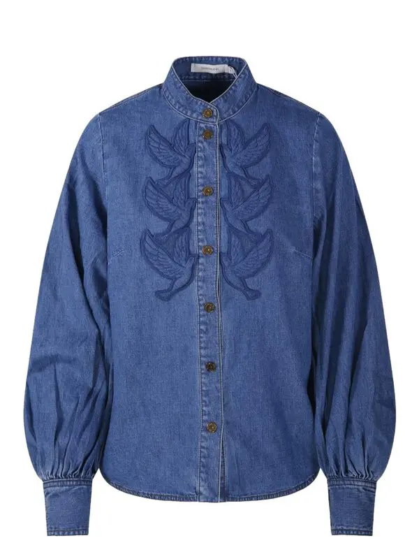 Zimmermann Embroidered Denim Mandarin Collar Shirt - Blue