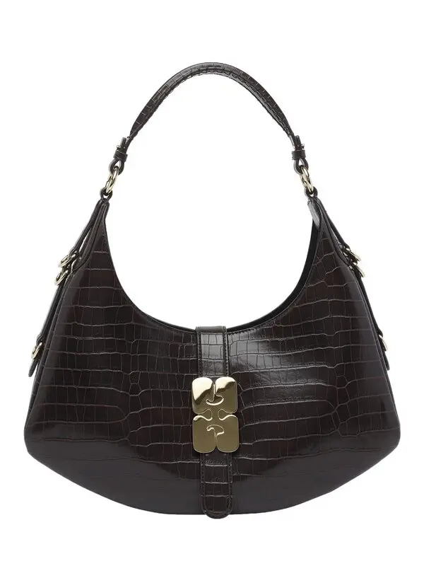 GANNI Embossed Shoulder Bag With Gold Tone Clasp - Black