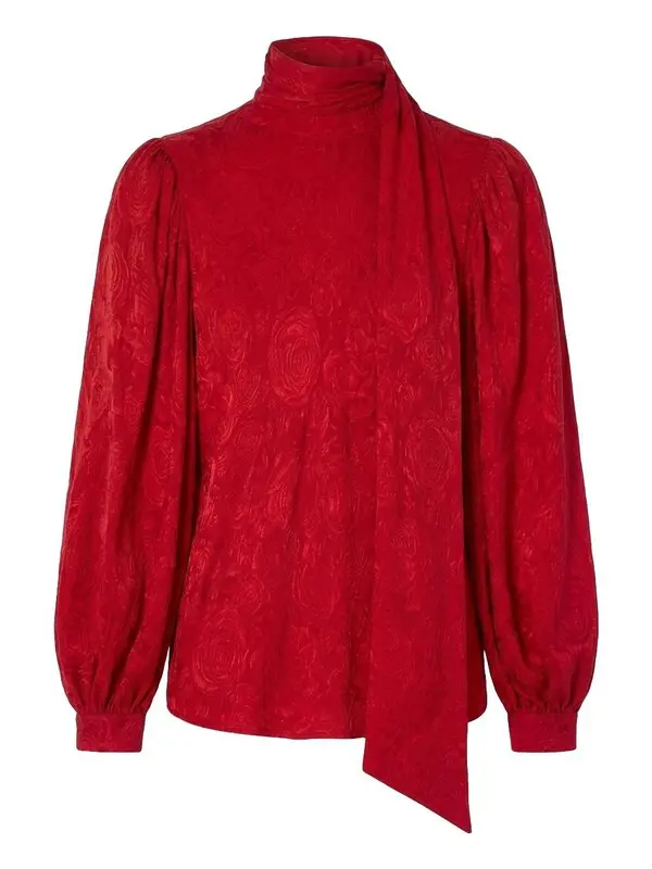 Gucci Silk Twill Jacquard Shirt With Pussy Bow And Puff Sleeves - Red