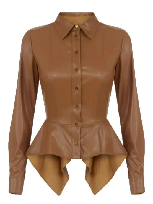 Elisabetta Franchi Leather-effect Peplum Shirt - Cigar