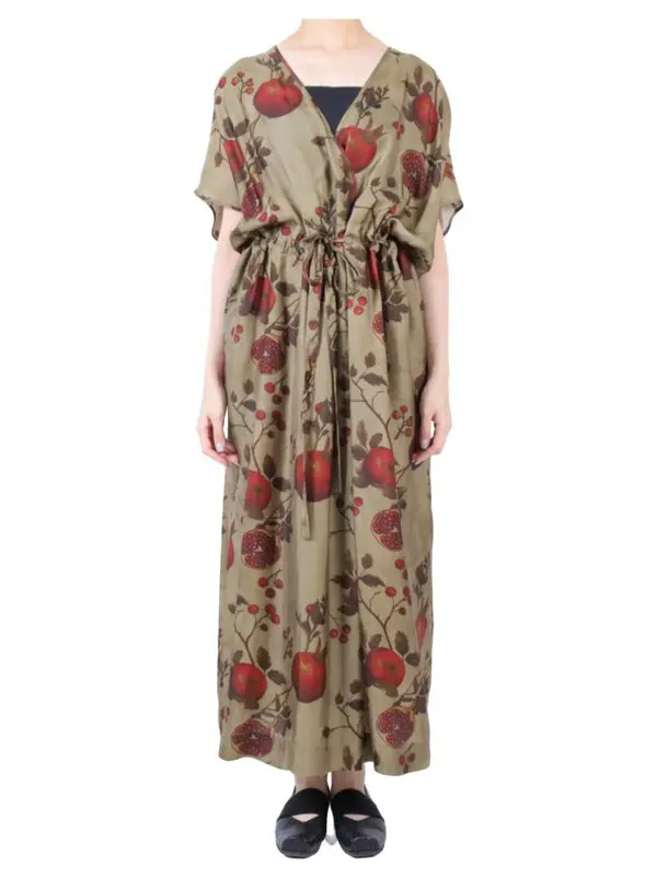 UMA WANG Ruched Printed V-neck Dress - Tan/red