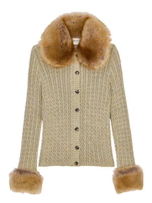 Saint Laurent Cable-knit Cardigan In Lurex And Animal-free Fur - Dore/fauve