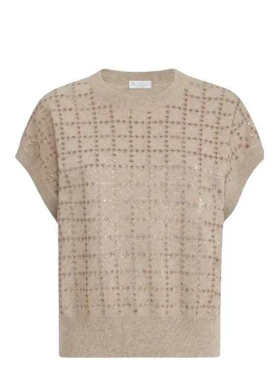 Brunello Cucinelli Cashmere Knit T-shirt With Dazzling Windowpane Embroidery - Beige
