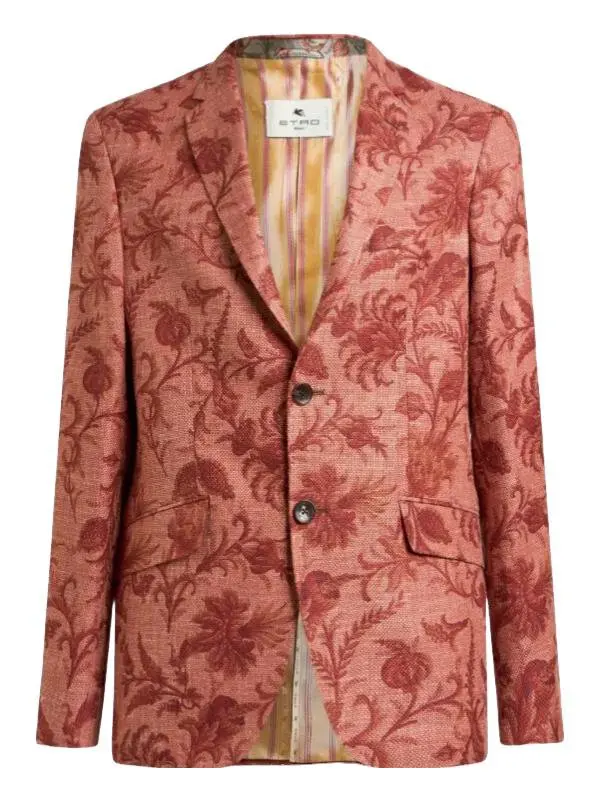 Etro Single-breasted Wool-blend Jacket With Floral Motif - Brown