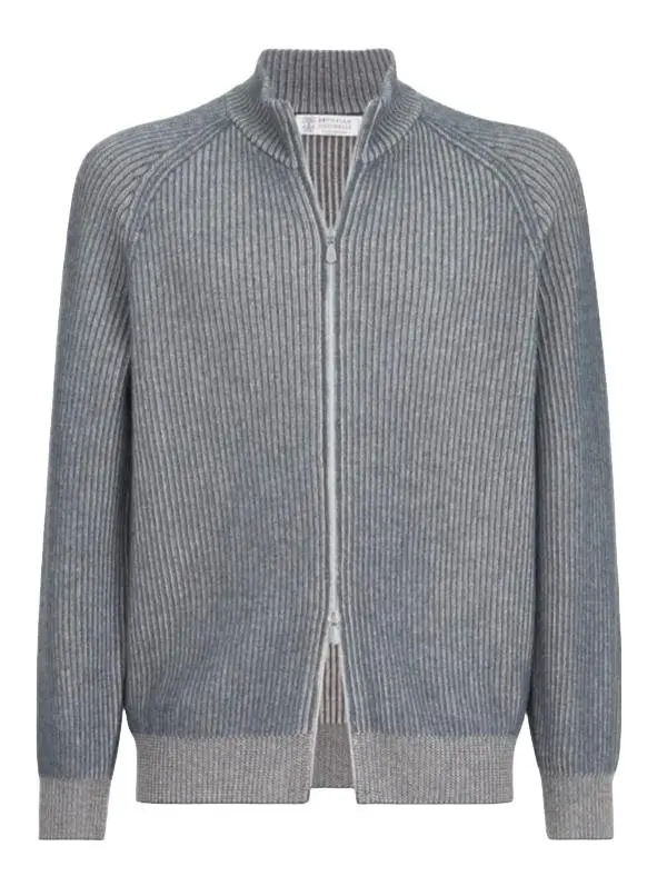 Brunello Cucinelli Cashmere Vanisé English Rib High-neck Cardigan - Blue