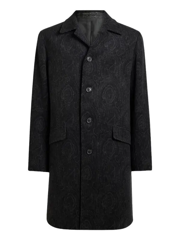 Etro Wool And Cashmere Jacquard Coat With Arnica Motif - Black