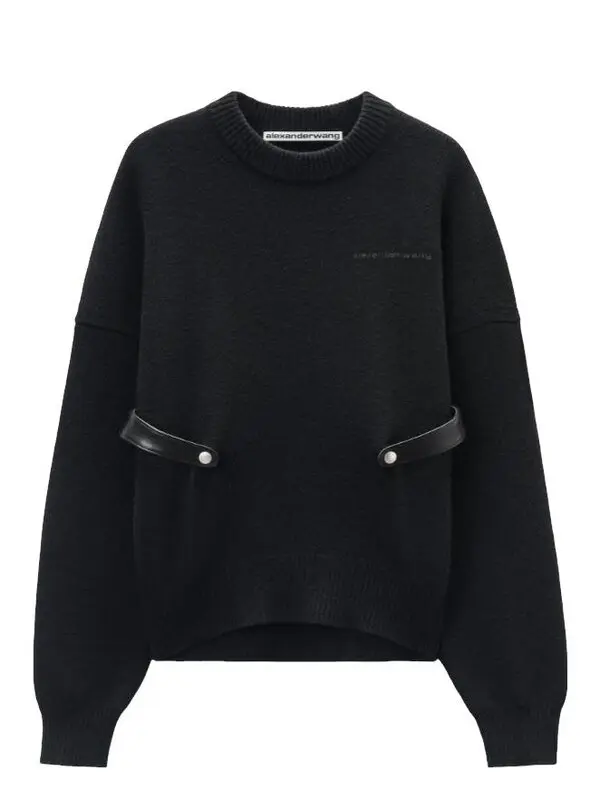 Alexander Wang Crewneck Pullover With Leather Snap Details - Black