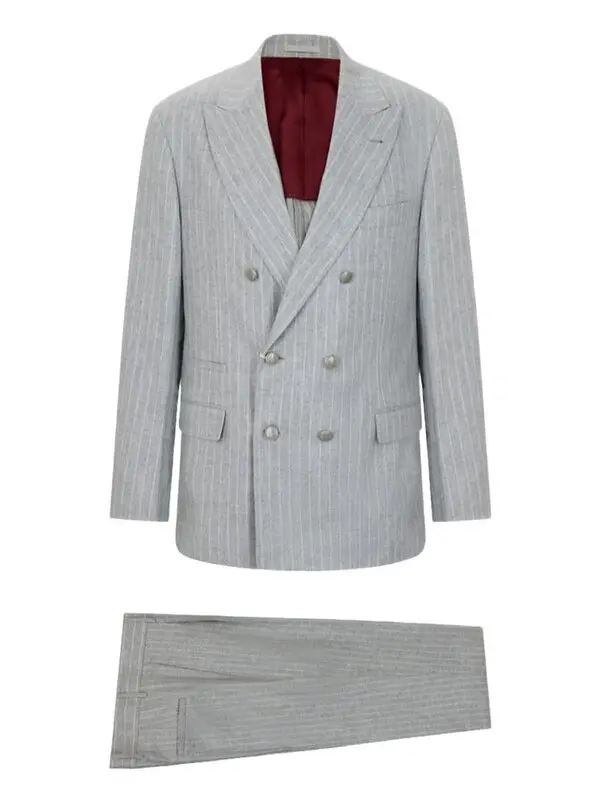 Brunello Cucinelli Virgin Wool And Cashmere Chalk Stripe Flannel Trousers With Pleat - Gray
