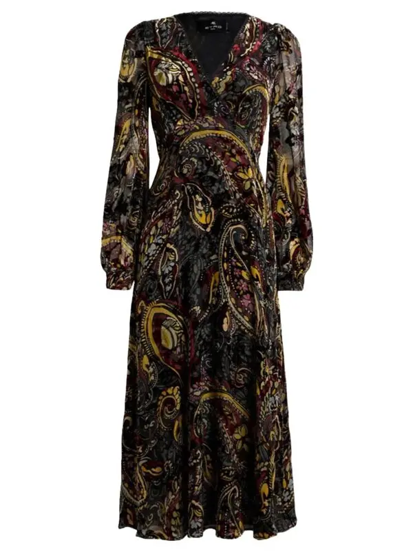 Etro Midi Wrap Dress In Burnout Velvet With Floral Paisley Motif - Black