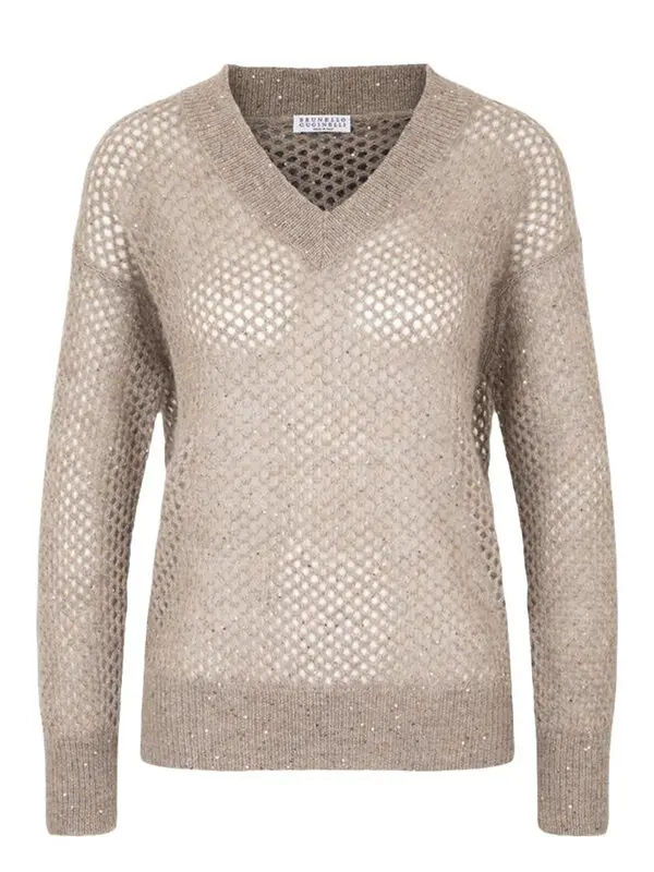 Brunello Cucinelli Long Sleeve V-neck Knitwear With Openwork Details - Nude