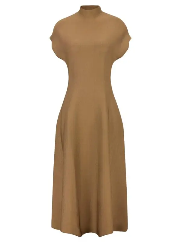 Khaite Short Sleeve High Neck Dress With Pleated Hem - Brown