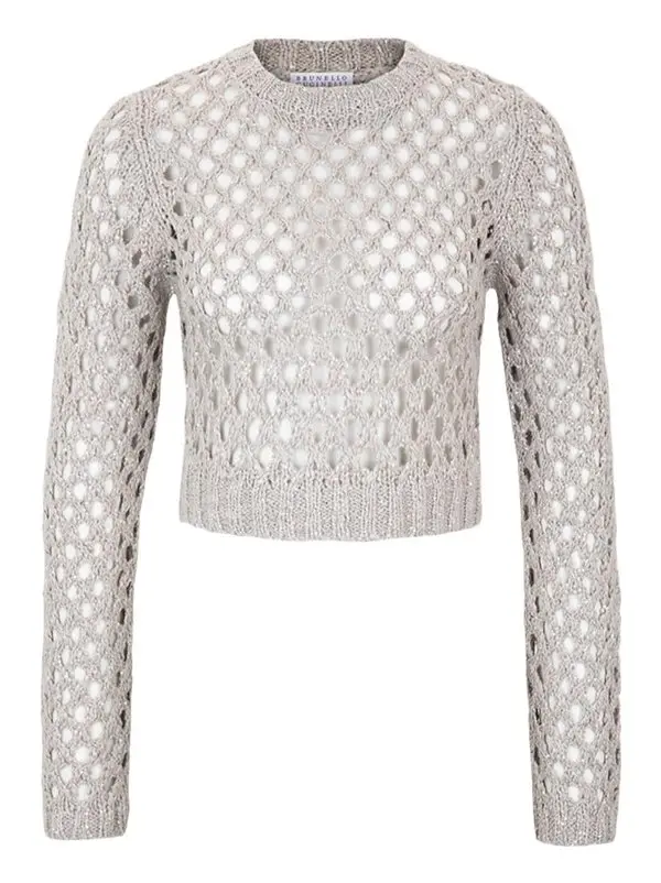 Brunello Cucinelli Mesh Knit Crew Neck Long Sleeve Top - White