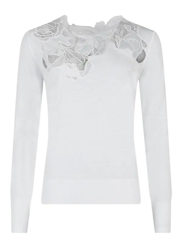 Ermanno Scervino Fine Knit Wool Pullover With Embroidered Tulle And Silk Floral Accents - No