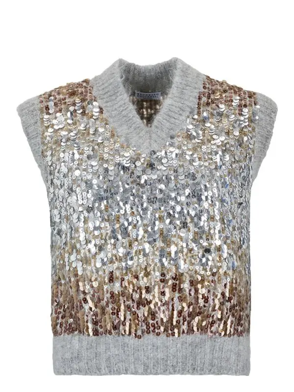 Brunello Cucinelli Sleeveless V-neck Sequin Knitwear - Gray