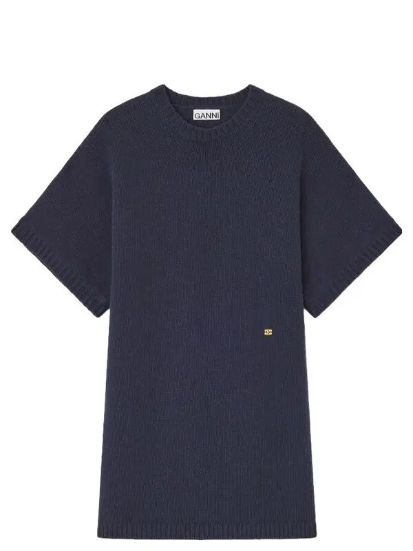 GANNI Wool Mix Knit Dress With Butterfly Logo - Dark Blue