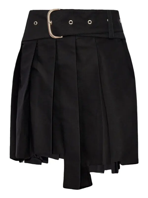 Off-White Asymmetric Hem Pleated Mini Skirt With Buckle Belt - Black