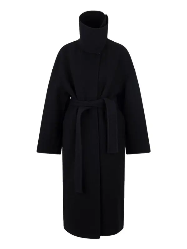 Fabiana Filippi High Collar Belted Long Coat - Black