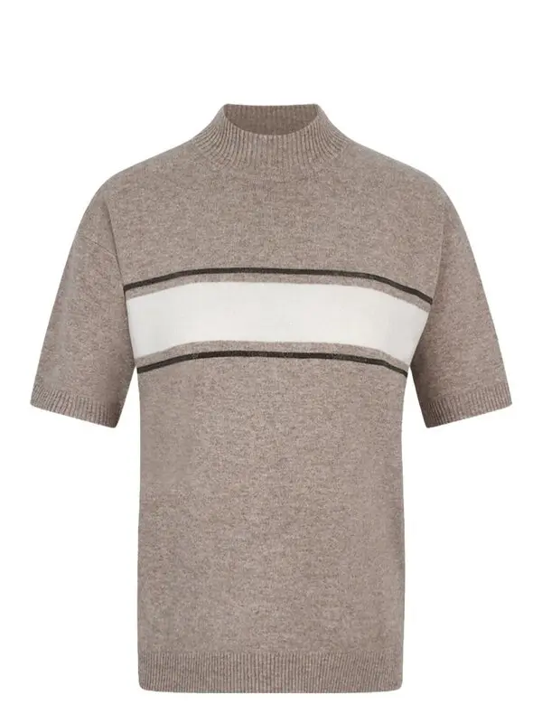Brunello Cucinelli High-neck Short-sleeved Sweater With Horizontal Stripe Detail - Nude