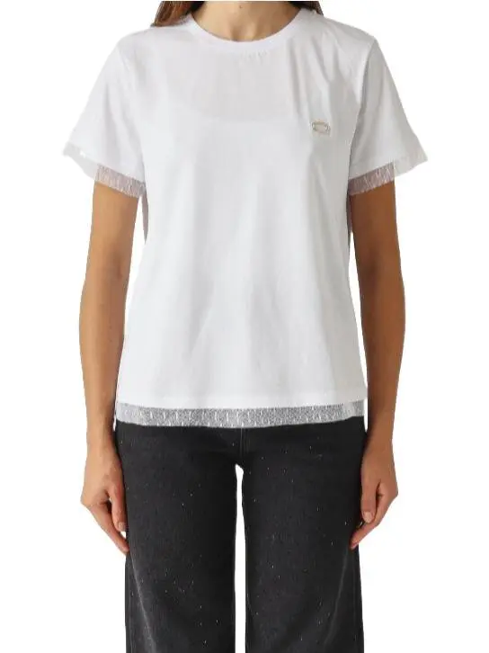 TWINSET Short Sleeve Crewneck T-shirt With Lace Appliqués - White