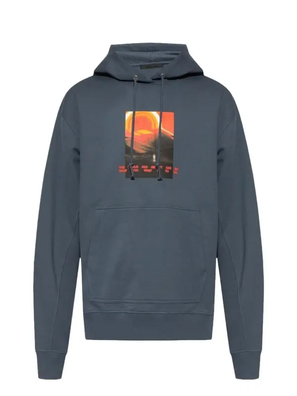 Helmut Lang Graphic Printed Drawstring Hoodie - Blue