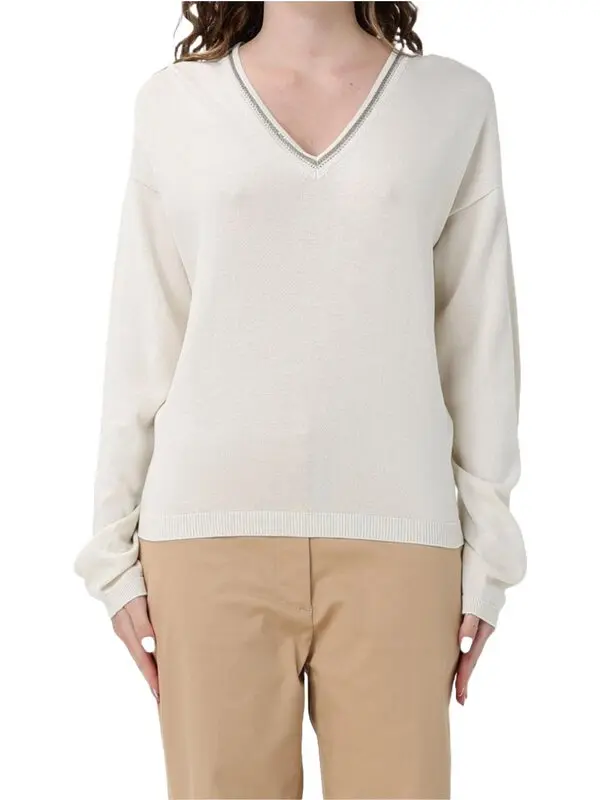 Fabiana Filippi V-neck Beaded Trim Sweater - Beige