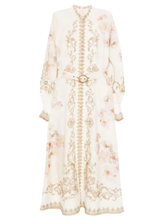 Zimmermann Printed Button Midi Dress With Belt - White