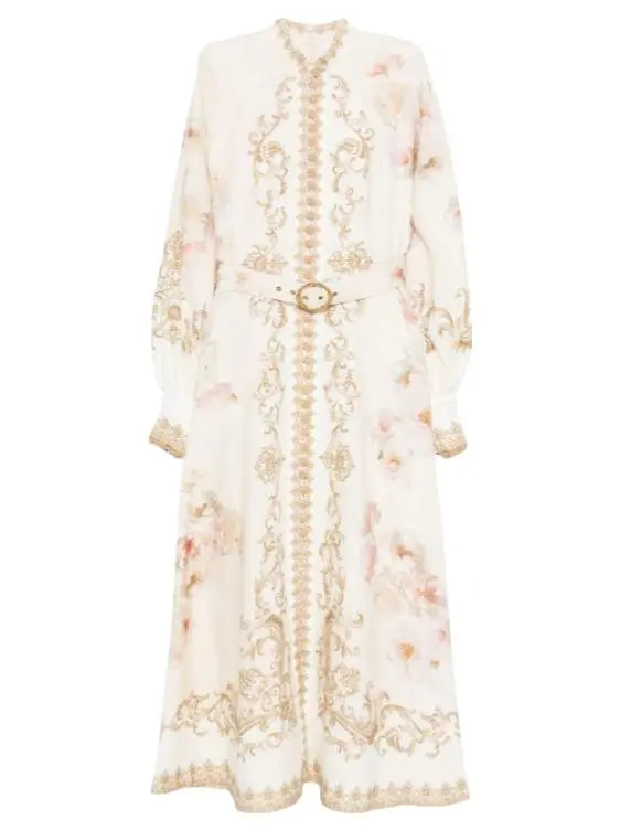 Zimmermann Printed Button Midi Dress With Belt - White