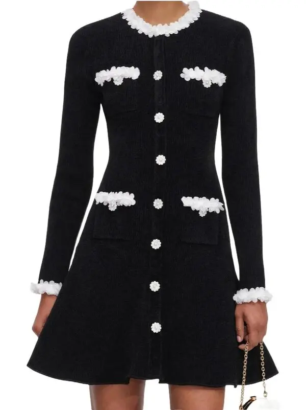 SELF-PORTRAIT Chenille Knit Mini Dress With Floral Trim - Black