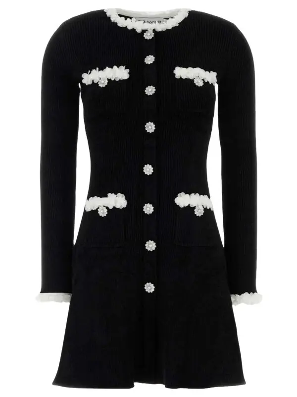 SELF-PORTRAIT Chenille Knit Mini Dress With Floral Trim - Black