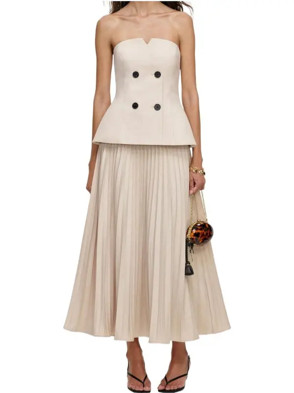 SELF-PORTRAIT Bandeau Pleated Midi Dress - Beige