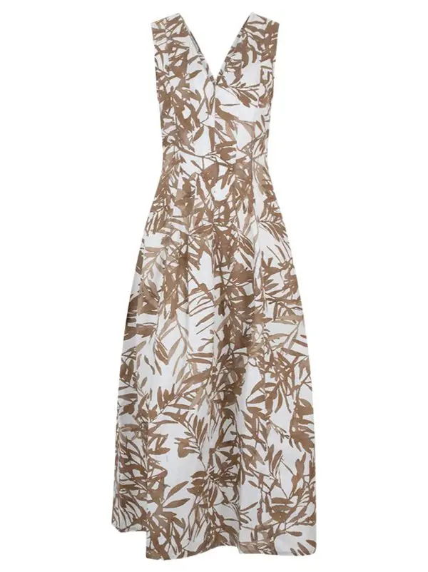 Brunello Cucinelli Sleeveless V-neck Midi Dress With Herbarium Print - Brown