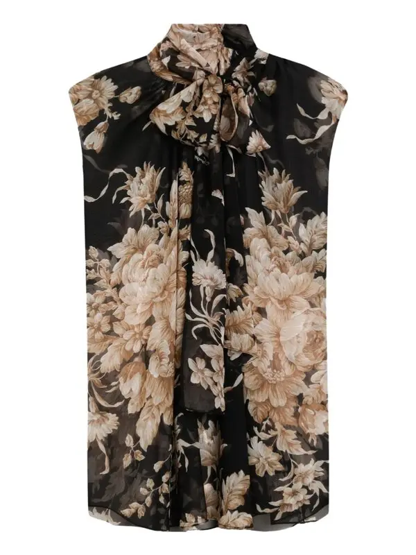 Dolce & Gabbana Sleeveless Floral Print Blouse With Neck Tie - Black