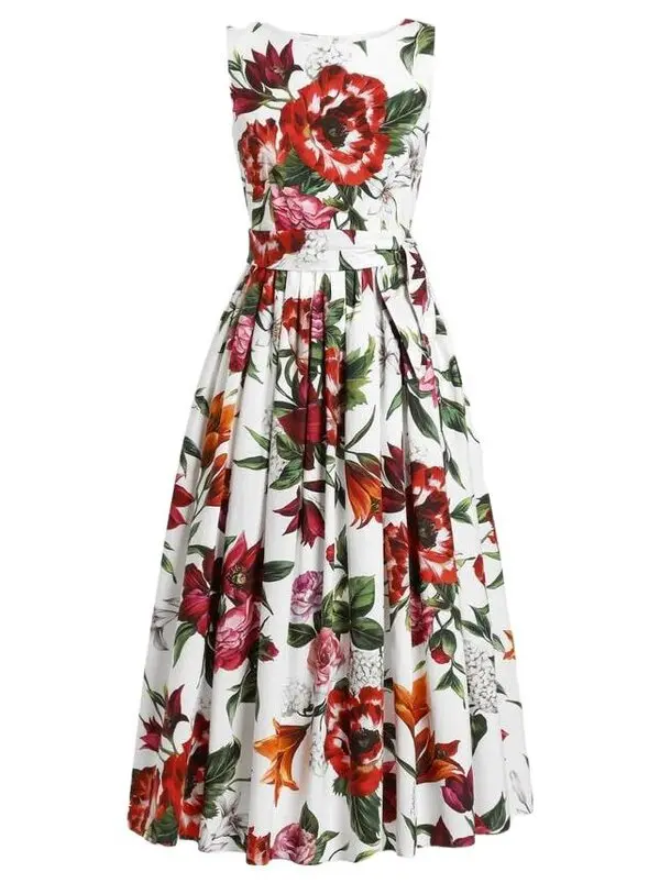 Dolce & Gabbana Sleeveless Floral Print Poplin Midi Dress - Multi-color