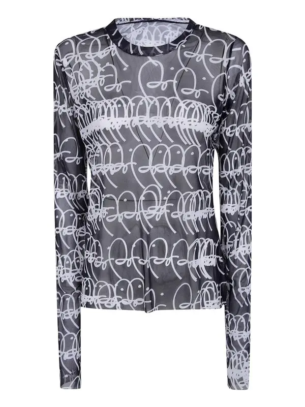 MARIA CALDERARA Long Sleeve Graphic Mesh Top - Blackwhite