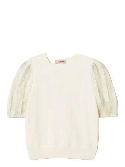 TWINSET Lace Sleeve Cropped Pullover - Nacres