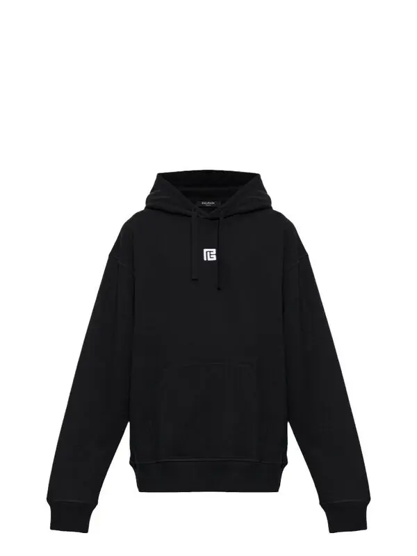 Balmain Long Sleeve Hooded Sweatshirt With Drawstring And Kangaroo Pocket - Black