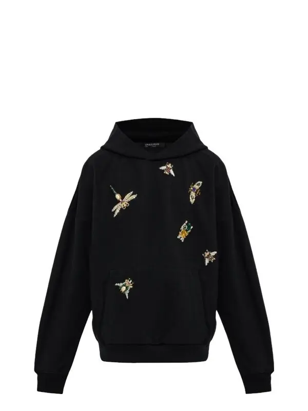 Balmain Long-sleeve Embroidered Insect Hooded Sweatshirt - Black