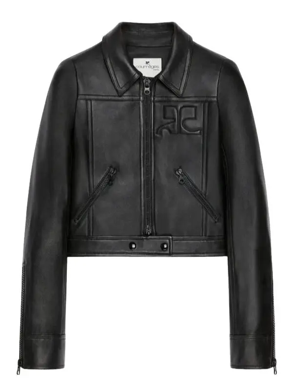 COURREGES Leather Zip-up Jacket With Ac Logo - Black