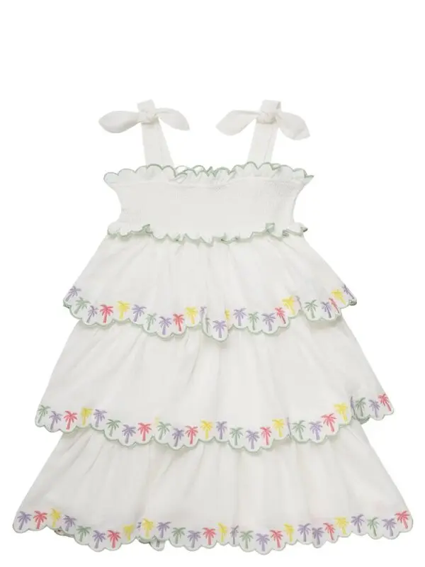 Zimmermann Sleeveless Tiered Ruffled Dress With Scalloped Trim And Embroidered Palm Trees - White