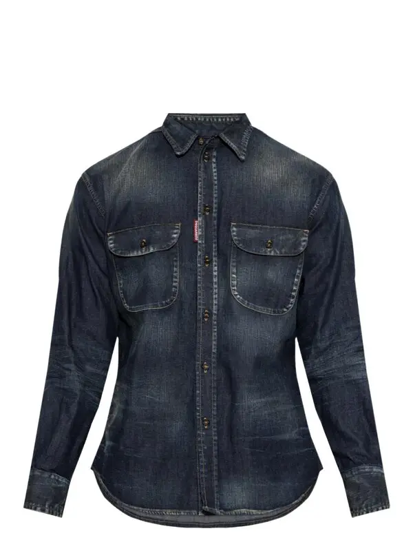 Dsquared2 Faded Leather-patch Denim Shirt - Navy Blue