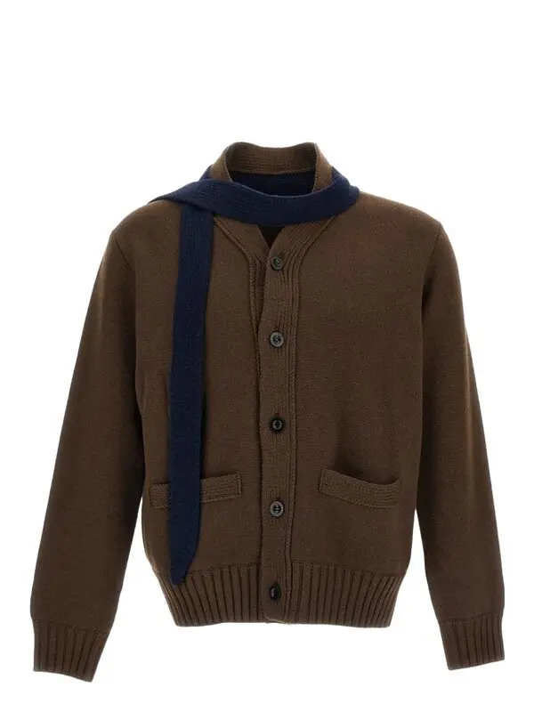 Sacai V-neck Cardigan With Scarf Detail - Brown