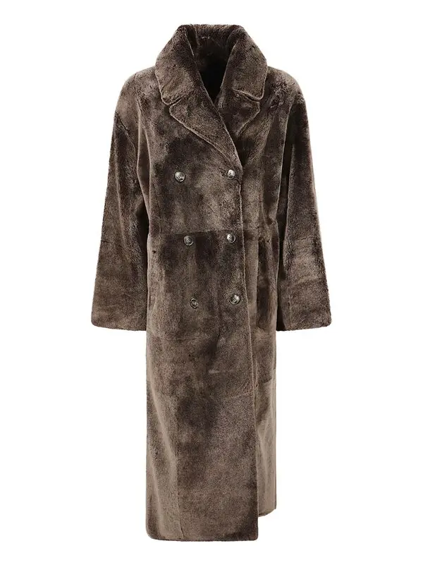 YVES SALOMON Long Double-breasted Shearling Coat - Brown