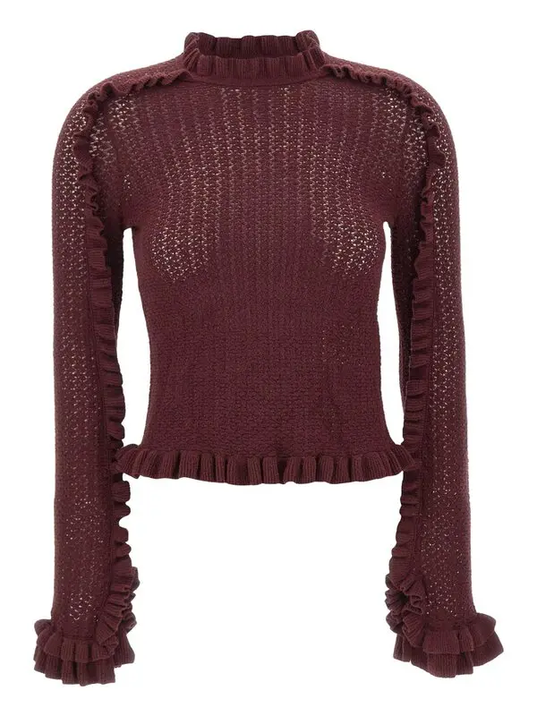 Marella Long Sleeve Mock Neck Knit Top With Ruffle Details - Red
